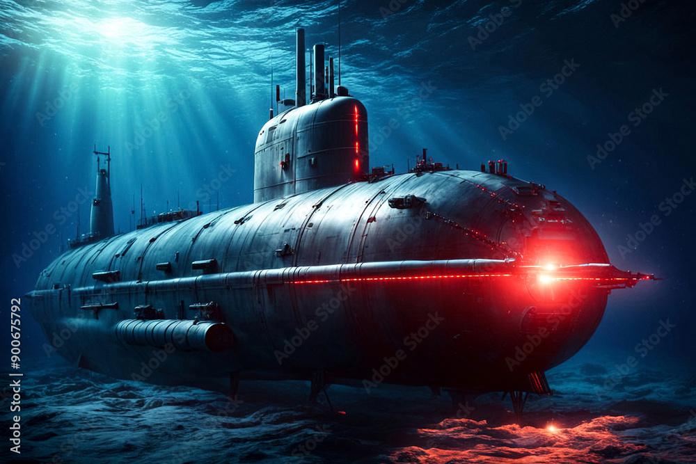 Military submarine with red lights sailing deep underwater. Submarine ...