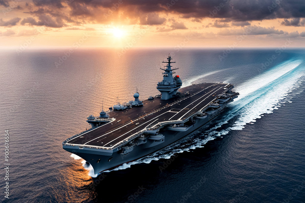 Aerial top view of navy aircraft carrier, naval nuclear ship on open ...