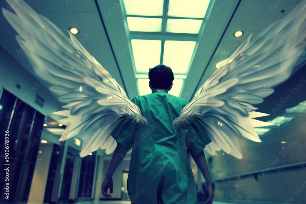 Surreal Image of a Doctor with Angel Wings in Hospital Corridor ...