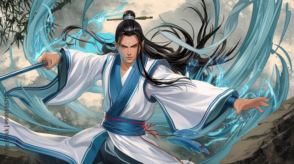 Heroic Anime Swordsman in Dynamic Battle Pose with Flowing Robes and ...