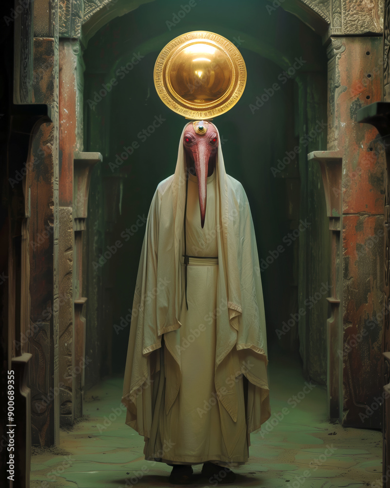 Ancient Egyptian god Thoth with an ibis head, wearing white robes and a ...