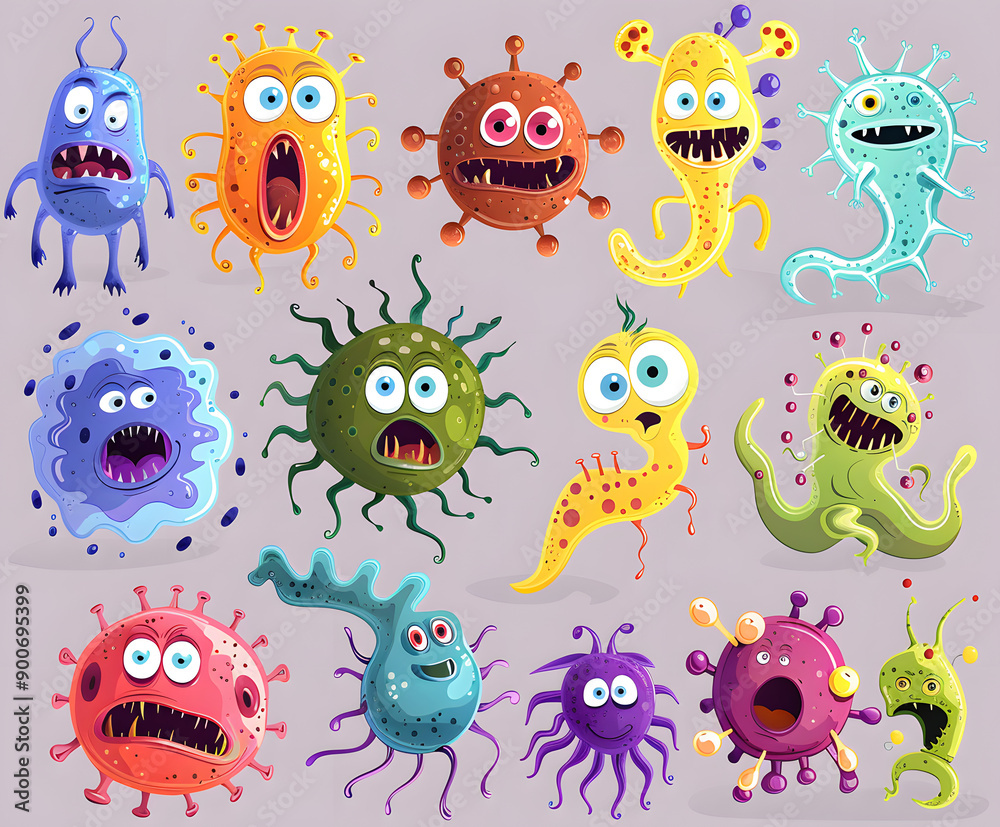 Set of microbes. Collection of cartoon viruses. Vector illustration of ...