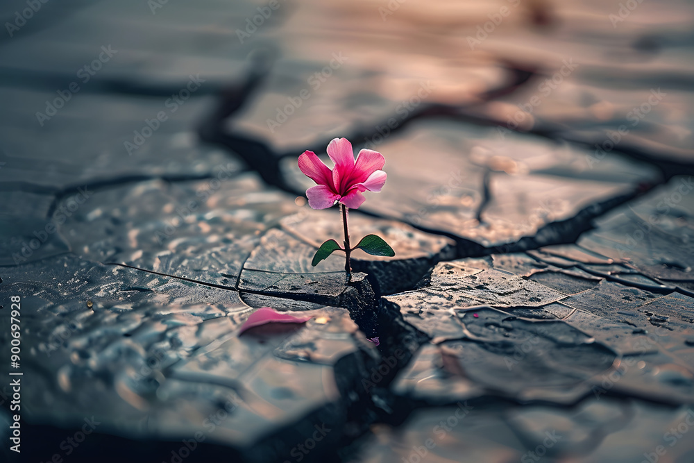 A small flower bravely grows amidst the cracks of the street ...