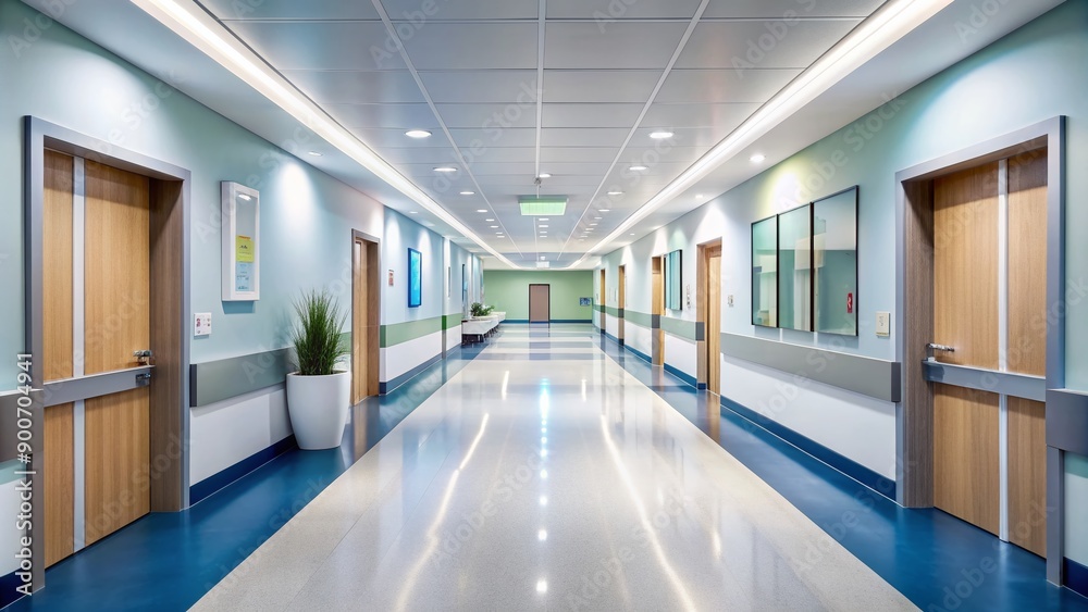 Sleek modern hospital corridor with crisp graphics and minimal text ...