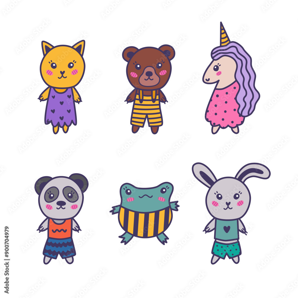 Cute colorful doodle zoo characters set with wild, magic animals, pets ...