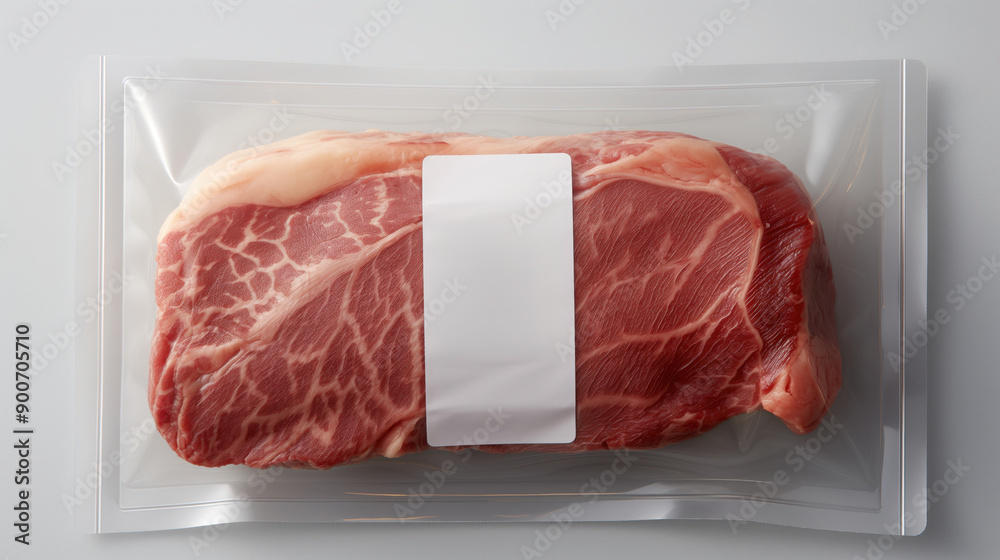 Vacuum-sealed package of marbled raw beef with product label. Stock ...