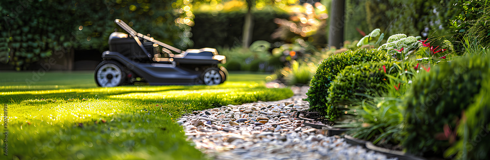 Lawn Mower Mowing Green Grass in Front of Bushes and Trees, with Small ...