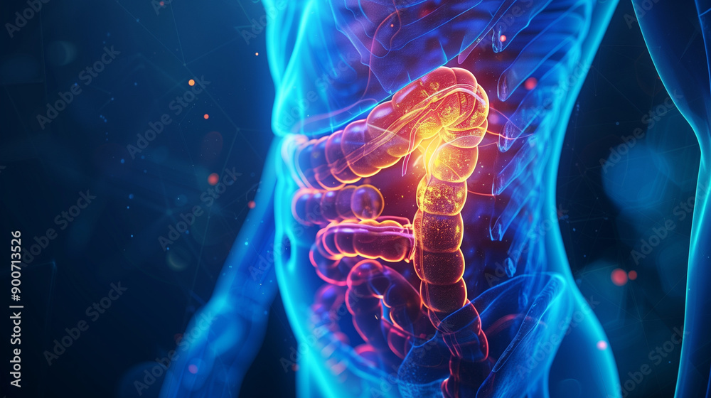 3D X-ray image showing the anatomy of the stomach and intestines. The ...