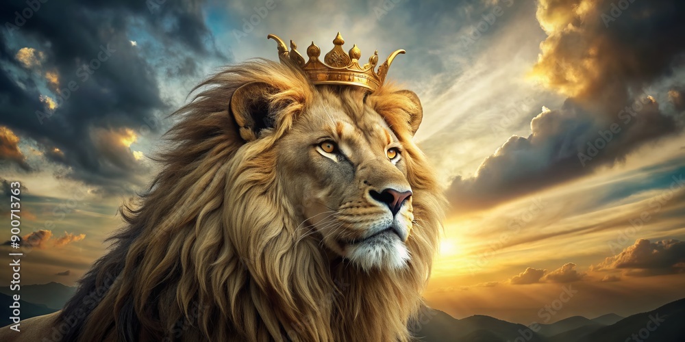 Majestic lion wears golden crown, fierce roar emphasizes raw power and ...