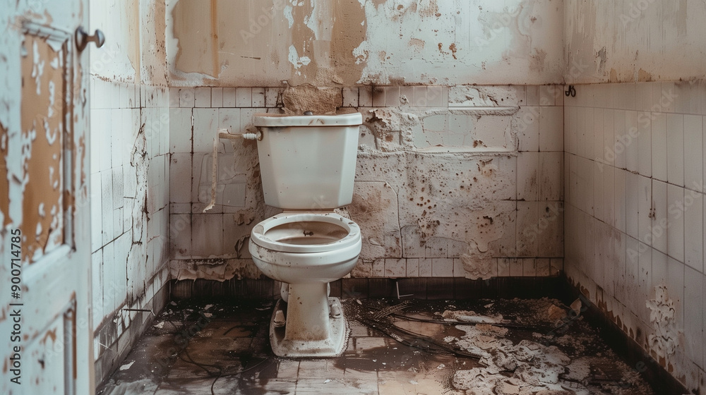 Neglected bathroom with dirty and unsightly walls. A room filled with ...