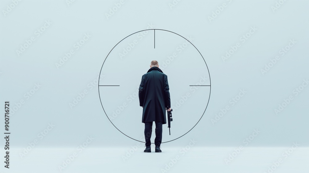 Person in a trench coat holding a rifle, standing with their back to ...
