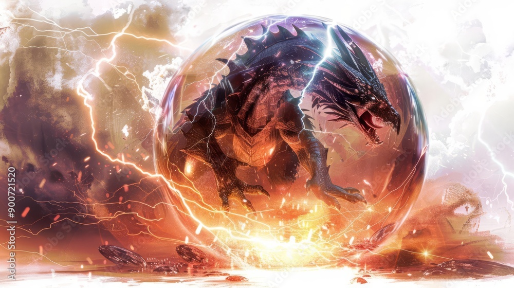 Crystal ball, dragon and lightning, fantasy art, electrifying, isolated ...