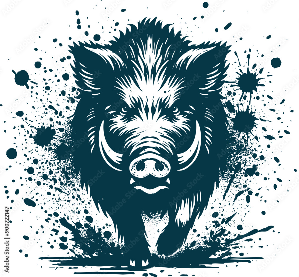 Vector monochrome illustration of angry ferocious wild boar with big ...