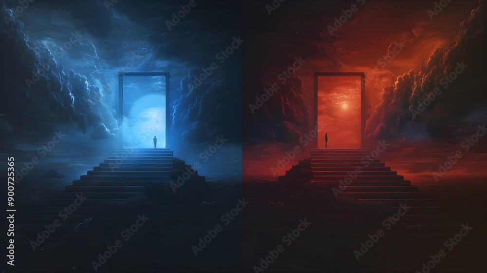 Heaven paradise and fiery hell gates choice. Door to heaven and hell ...