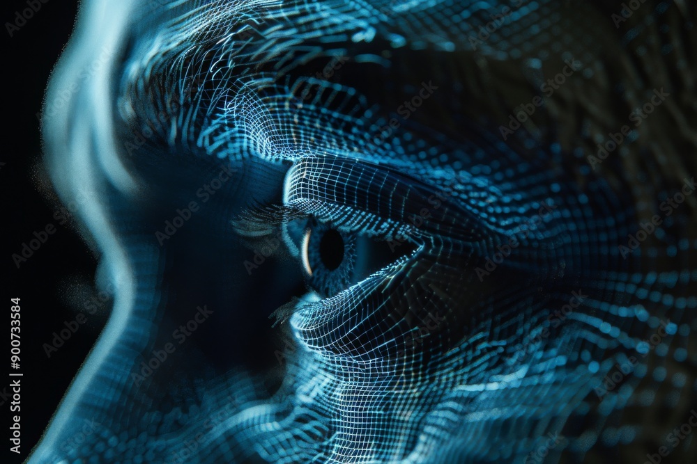 Abstract close up of a digital human eye with wireframe patterns ...