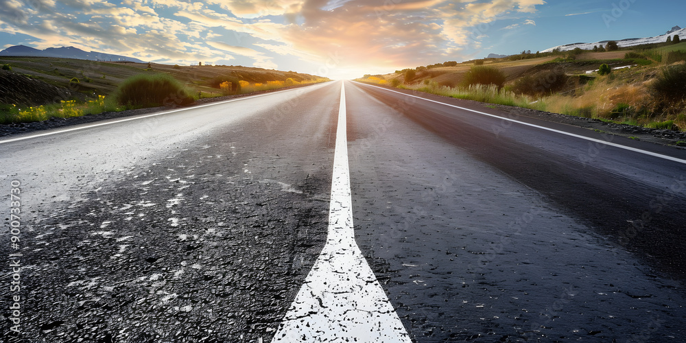 Straight asphalt road stretches ahead with a crisp white arrow pointing ...
