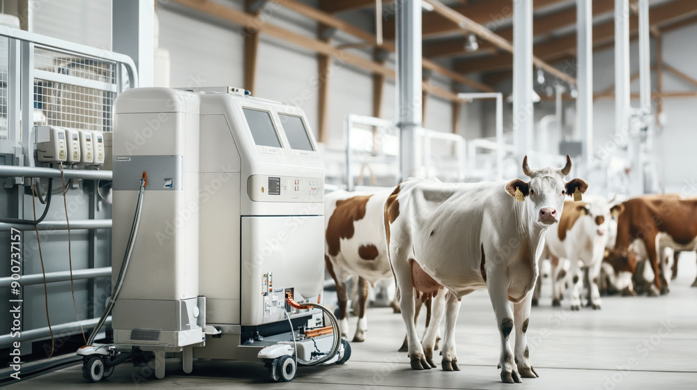 Cows in a modern dairy barn standing next to automated milking machines ...