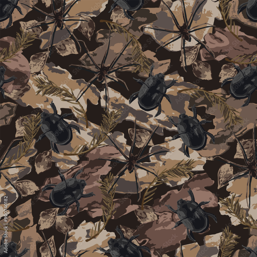Seamless brown camouflage pattern with forest litter, dry bark pieces ...