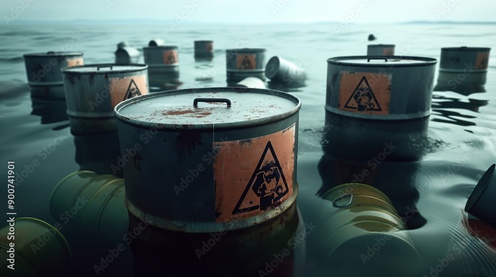 Several rusty, hazardous waste barrels floating in a body of water ...