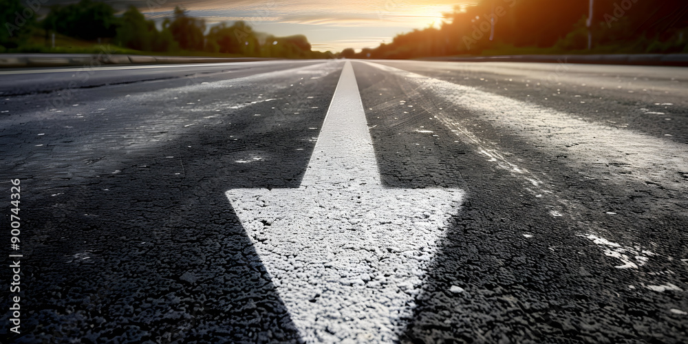 Straight asphalt road stretches ahead with a crisp white arrow pointing ...