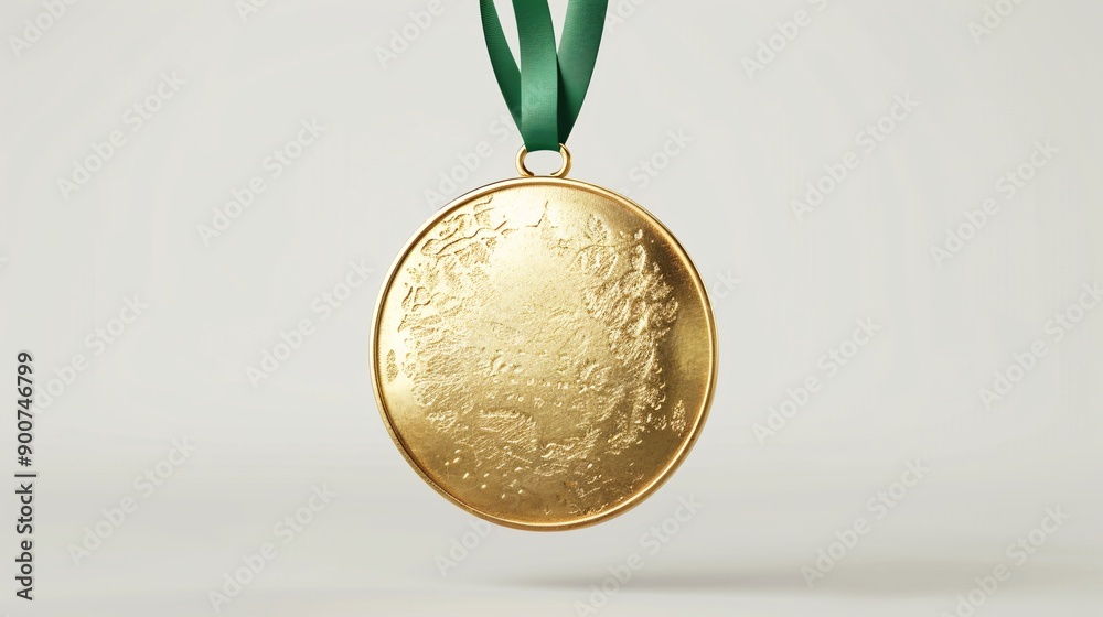 3D illustrator, gold medal, hanging from a green ribbon, shiny and ...