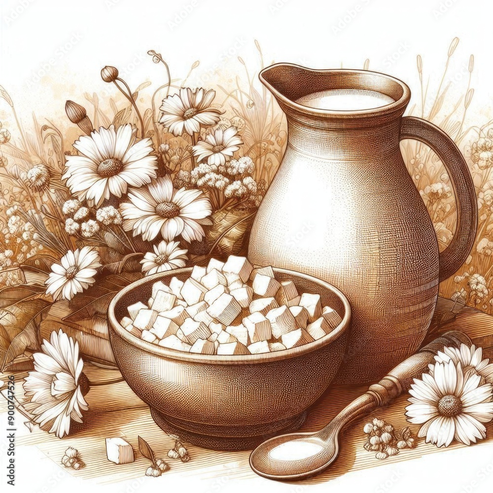 Hand drawing, line art, vintage line drawing, cottage cheese, cheese ...