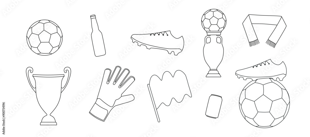Soccer sport equipment and objects . Vector stock one line hand drawing ...