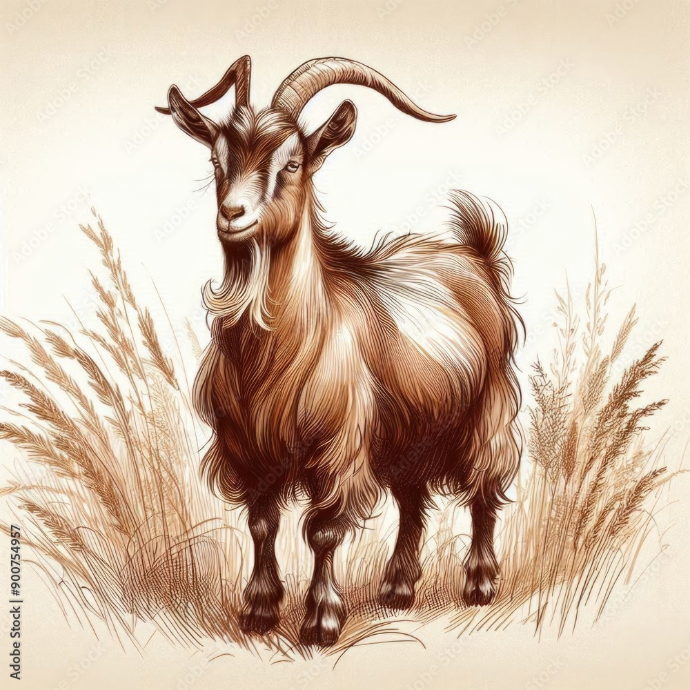 Hand drawin watercolor illustrations goat, cow, , line art, vintage ...