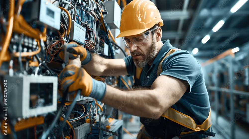 Male electrical engineer working on complex wiring in an industrial ...