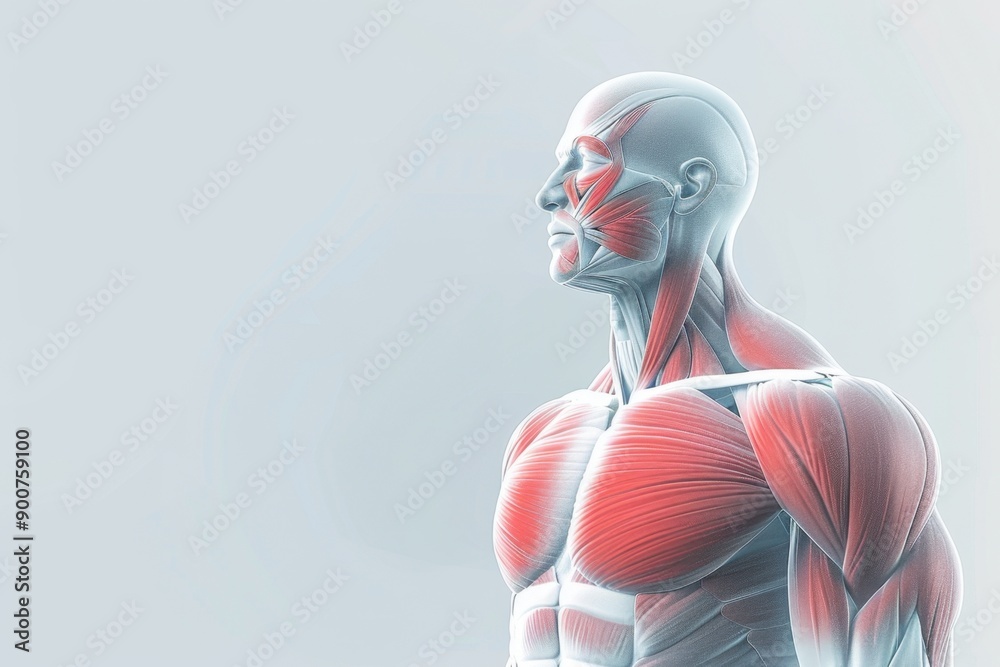 A vector illustration of a muscular model in profile, highlighting ...