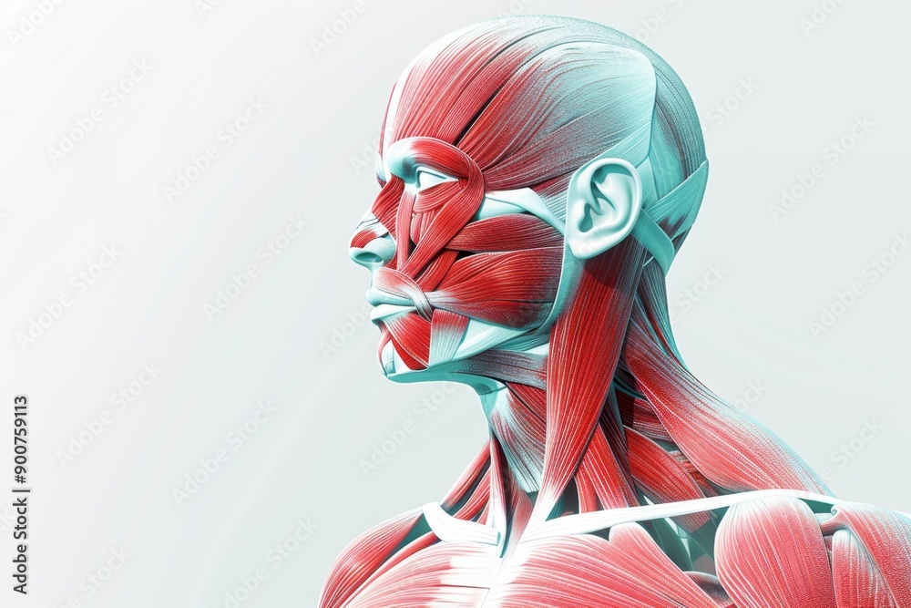 A vector illustration of a muscular model in profile, highlighting ...