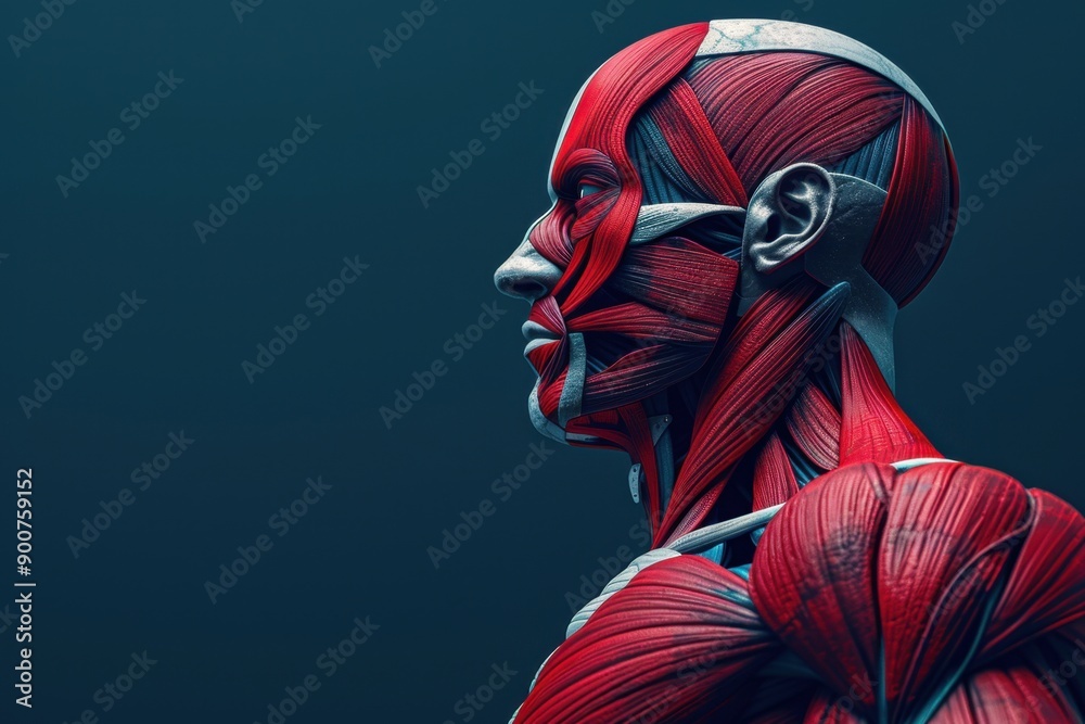 A vector illustration of a muscular model in profile, highlighting ...