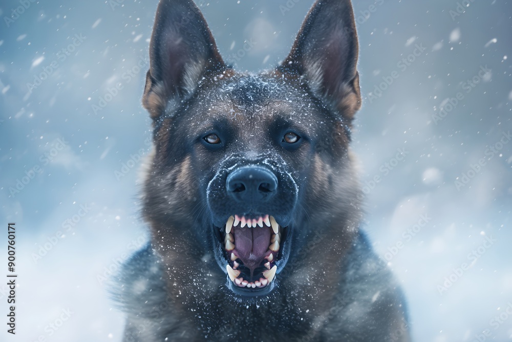 Aggressive dog get angry and bares his teeth. Dog shows dangerous teeth ...