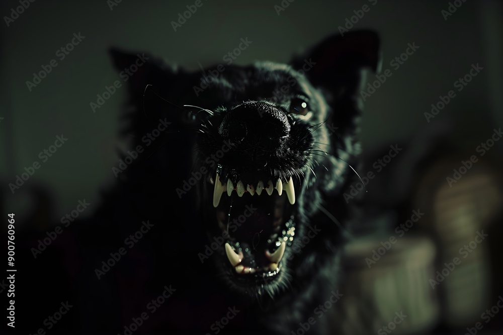 Aggressive black dog get angry and bares his teeth. Dog shows dangerous ...