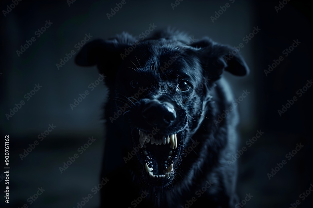 Aggressive black dog get angry and bares his teeth. Dog shows dangerous ...