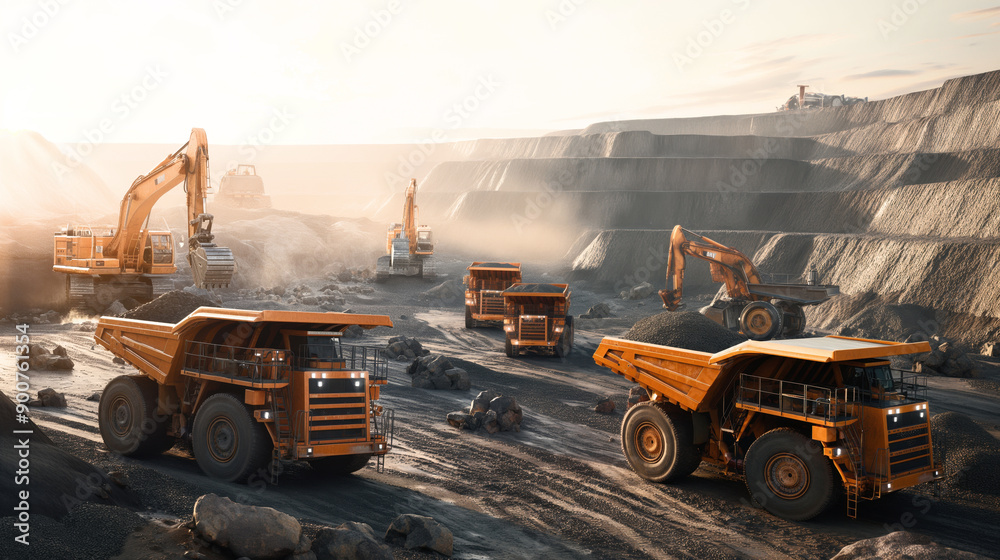 Mining operation with excavators and dump trucks in a large open-pit mine, featuring terraced ...
