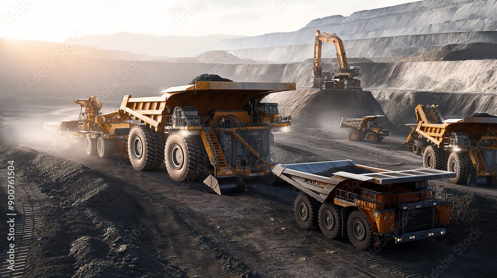 Mining trucks and heavy machinery operating in an open-pit mine under a ...