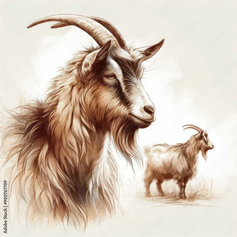 Hand drawin watercolor illustrations goat, cow, , line art, vintage ...