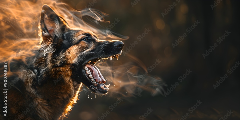 Aggressive dog get angry and bares his teeth. Dog shows dangerous teeth ...