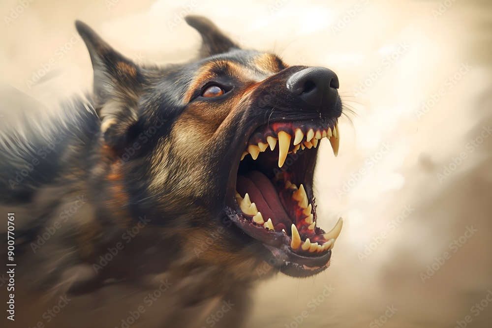 Aggressive dog get angry and bares his teeth. Dog shows dangerous teeth ...