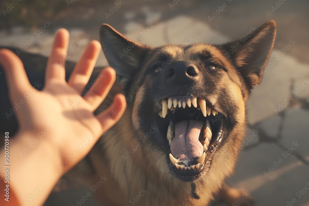 Aggressive dog bite man hand. Dog shows dangerous teeth and ready to ...