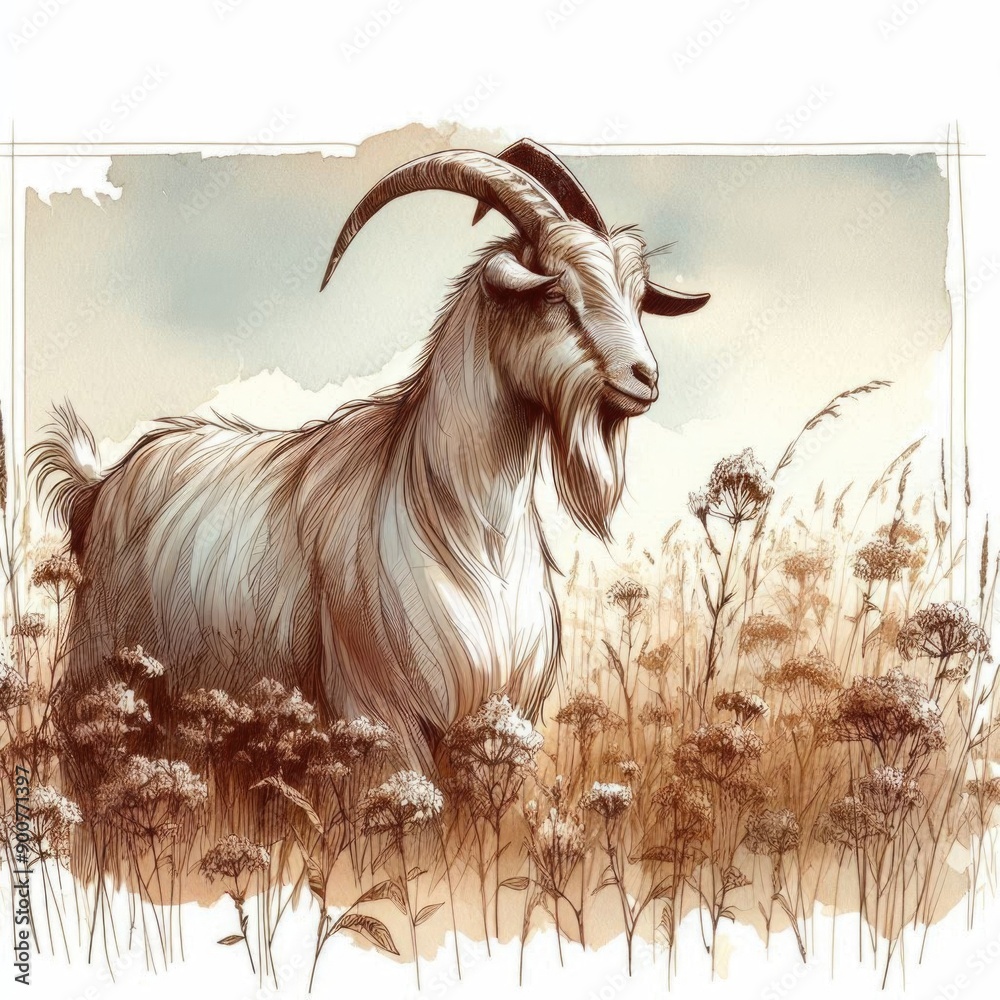 Hand drawing, line art, vintage line drawing cow, goat, goats, herd of ...