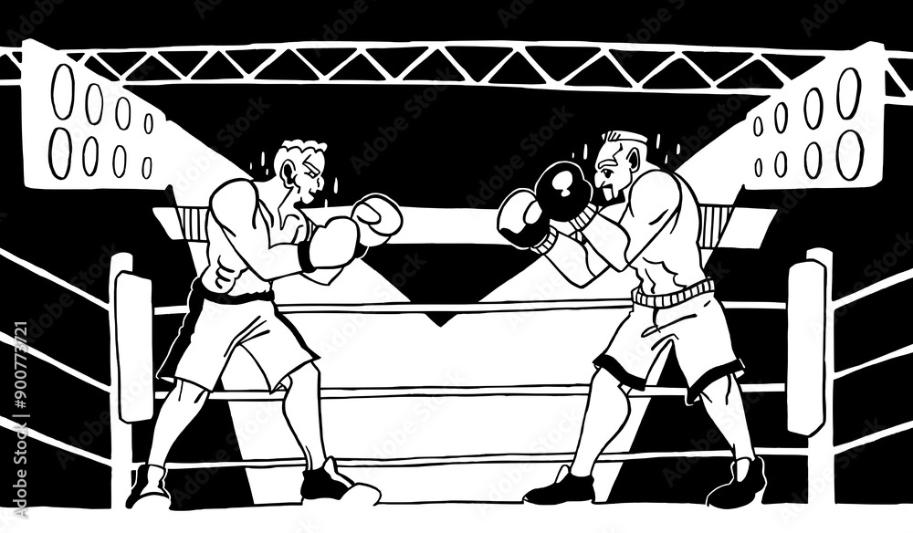 Horizontal illustration with two profile boxers in a boxing ring lit by ...