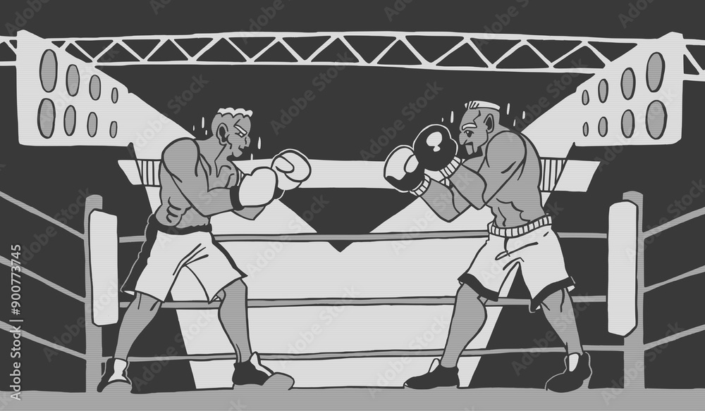 Horizontal illustration with two profile boxers in a boxing ring lit by ...