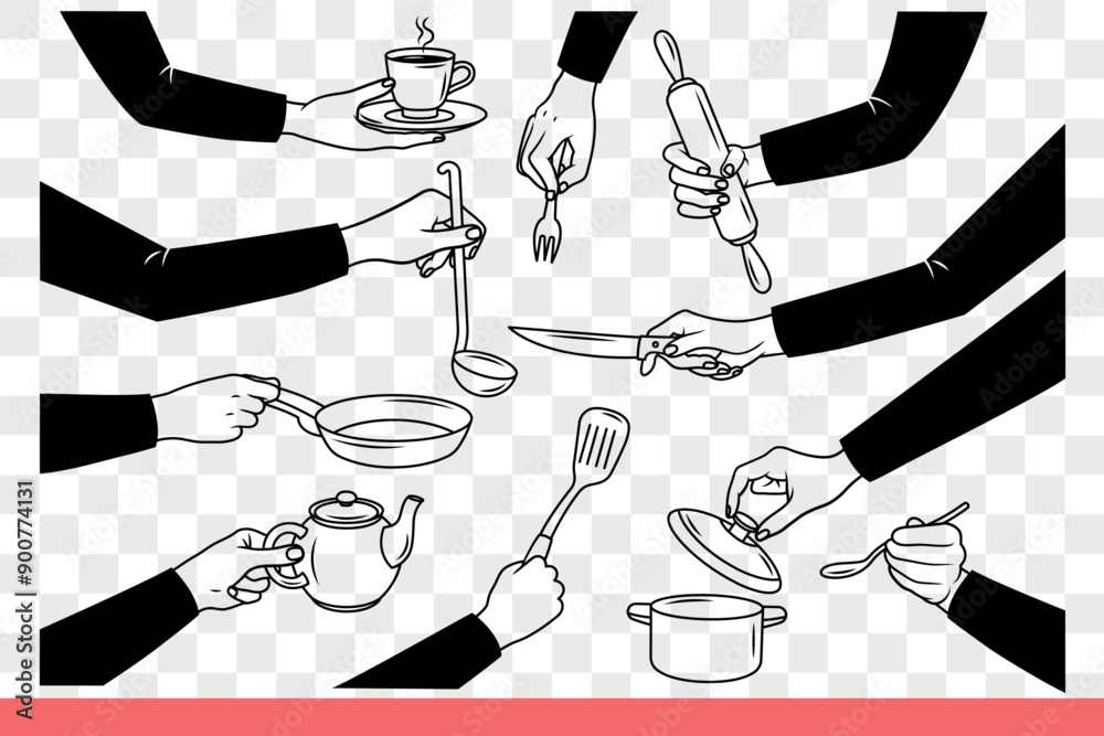 Crockery and cutlery in hands people using pots and kettle or fork with ...