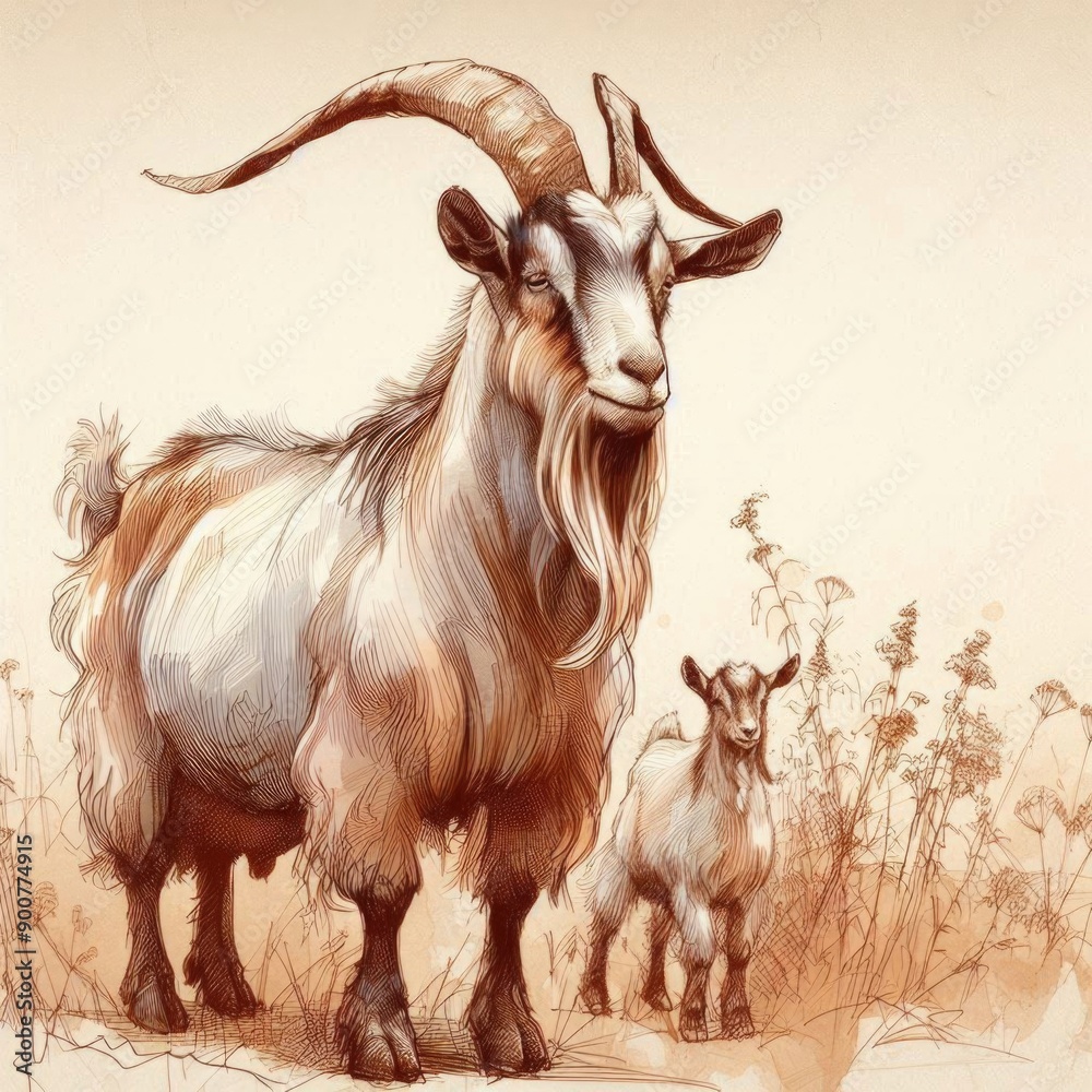 Hand drawing watercolor illustrations cow goat, line art, vintage line drawing cow, goat, goats ...