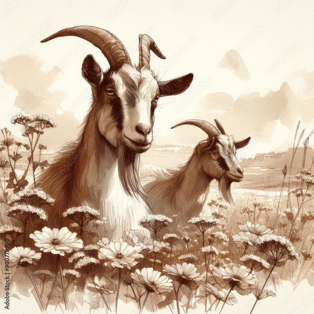 Hand drawing watercolor illustrations cow, goat, line art, vintage line ...
