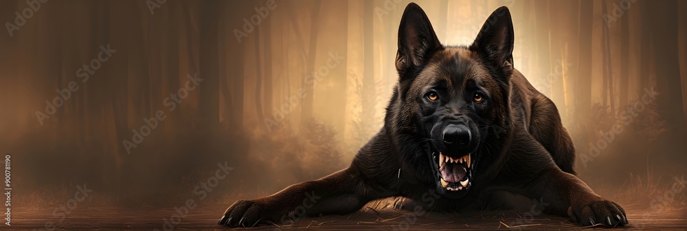 Aggressive dog get angry and bares his teeth. Dog shows dangerous teeth ...