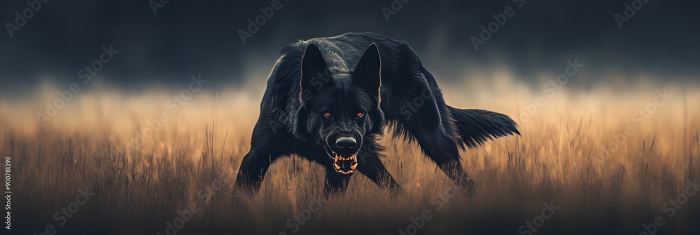 Foto de Aggressive black dog get angry and bares his teeth. Dog shows ...