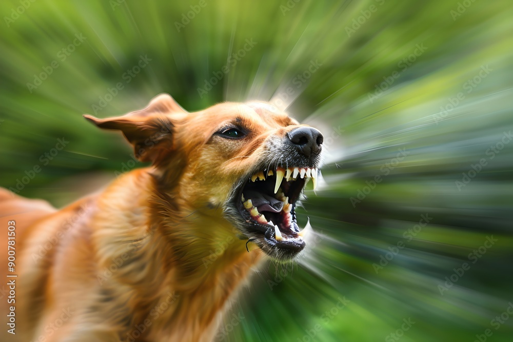 Aggressive dog get angry and bares his teeth. Dog shows dangerous teeth ...